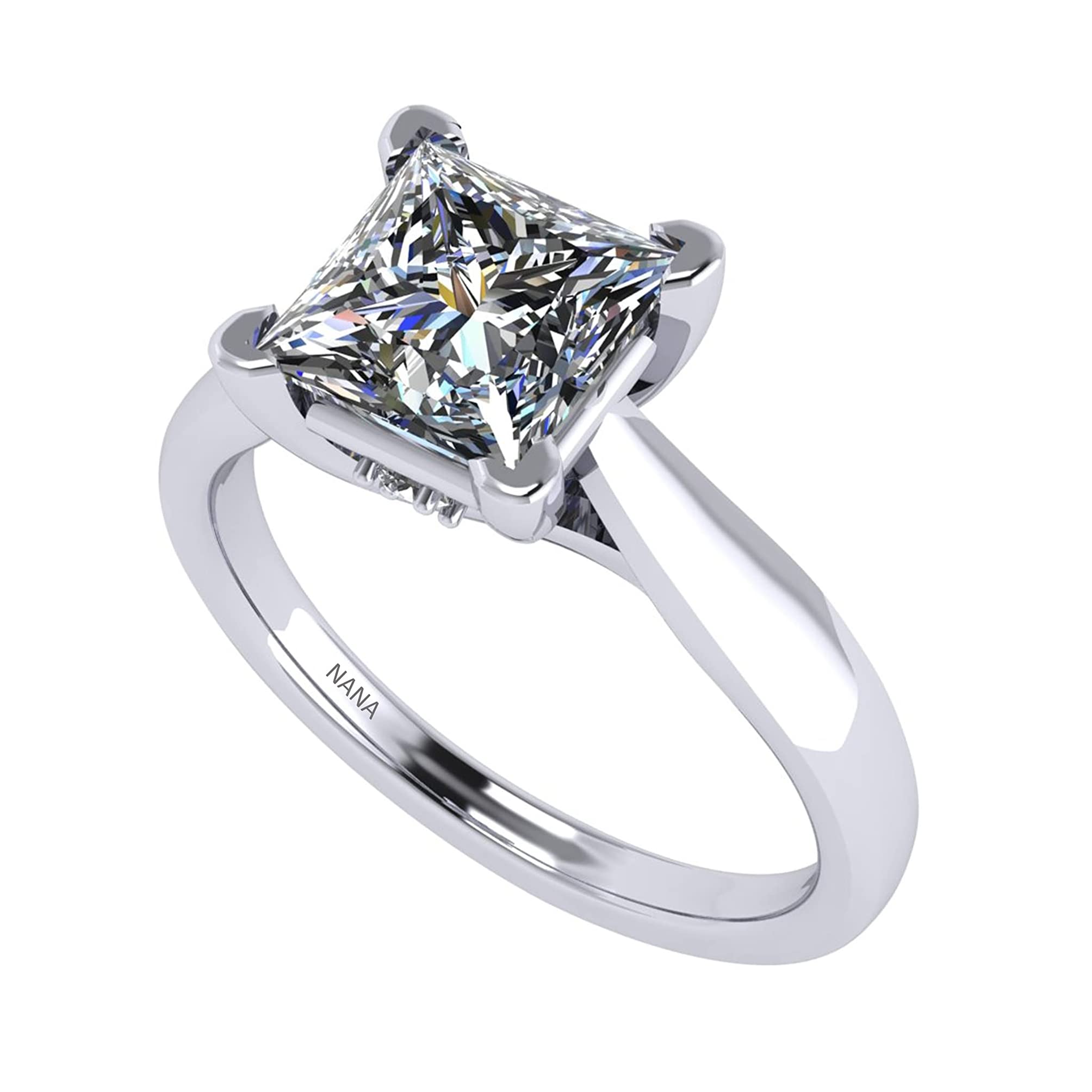 NANA Jewels-Silver 8.00mm (3.00ct) Princess Cut Zirconia Lucita Solitaire Ring-Platinum Plated-Size 8.5