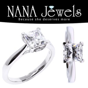 NANA Jewels-Silver 8.00mm (3.00ct) Princess Cut Zirconia Lucita Solitaire Ring-Platinum Plated-Size 8.5