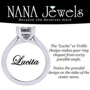 NANA Jewels-Silver 8.00mm (3.00ct) Princess Cut Zirconia Lucita Solitaire Ring-Platinum Plated-Size 8.5