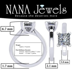 NANA Jewels-Silver 8.00mm (3.00ct) Princess Cut Zirconia Lucita Solitaire Ring-Platinum Plated-Size 8.5