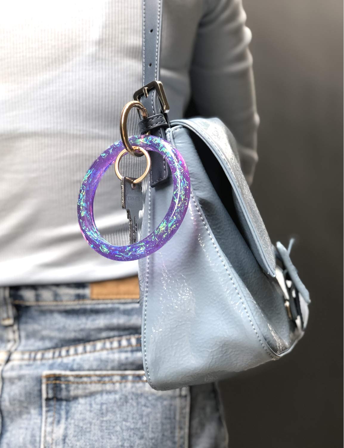 Mymazn Bangle Key Ring Bracelet for Women Wristlet Keychain Bracelets Holographic Circle Keyring for Wrist, Gift for Women Girls