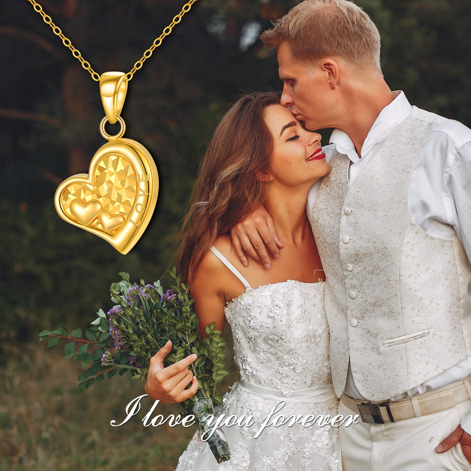 18K Solid Gold Heart Necklace Jewelry for Women, "I Love You Forever" Real Gold Love Heart Pendant Anniversary Jewelry Gifts for Mom, Wife 18"