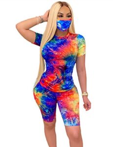 alunzoem biker shorts sets for women, track suits outfits tie dye short sleeve shirt and shorts set blue-orange m