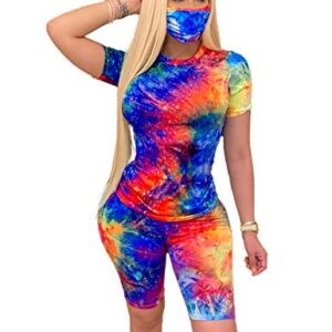 Alunzoem Biker Shorts Sets for Women, Track Suits Outfits Tie Dye Short Sleeve Shirt and Shorts Set Blue-Orange M