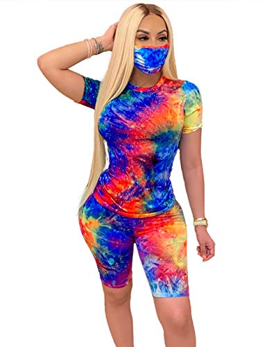 Alunzoem Biker Shorts Sets for Women, Track Suits Outfits Tie Dye Short Sleeve Shirt and Shorts Set Blue-Orange M