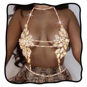 nicute rhinestone body chain crystal bra bikini chains summer beach body jewelry for women and girls (gold)