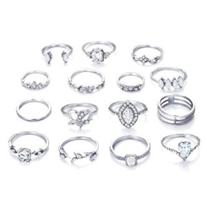 wpop59ne ring set, 15pcs/set bohemian women heart rhinestone stackable finger ring jewelry gift silver