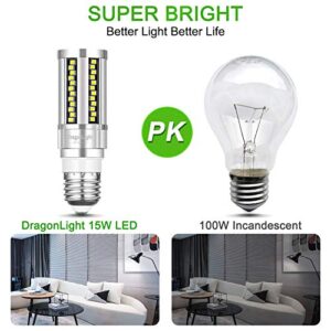 DragonLight 15W Super Bright LED Corn Light Bulbs Fanless(150 Watt Equivalent) - 6000K Daylight 1,800 Lumens E26 Base for Residential and Commercial Lighting - Garage Porch Office, Pack of 4