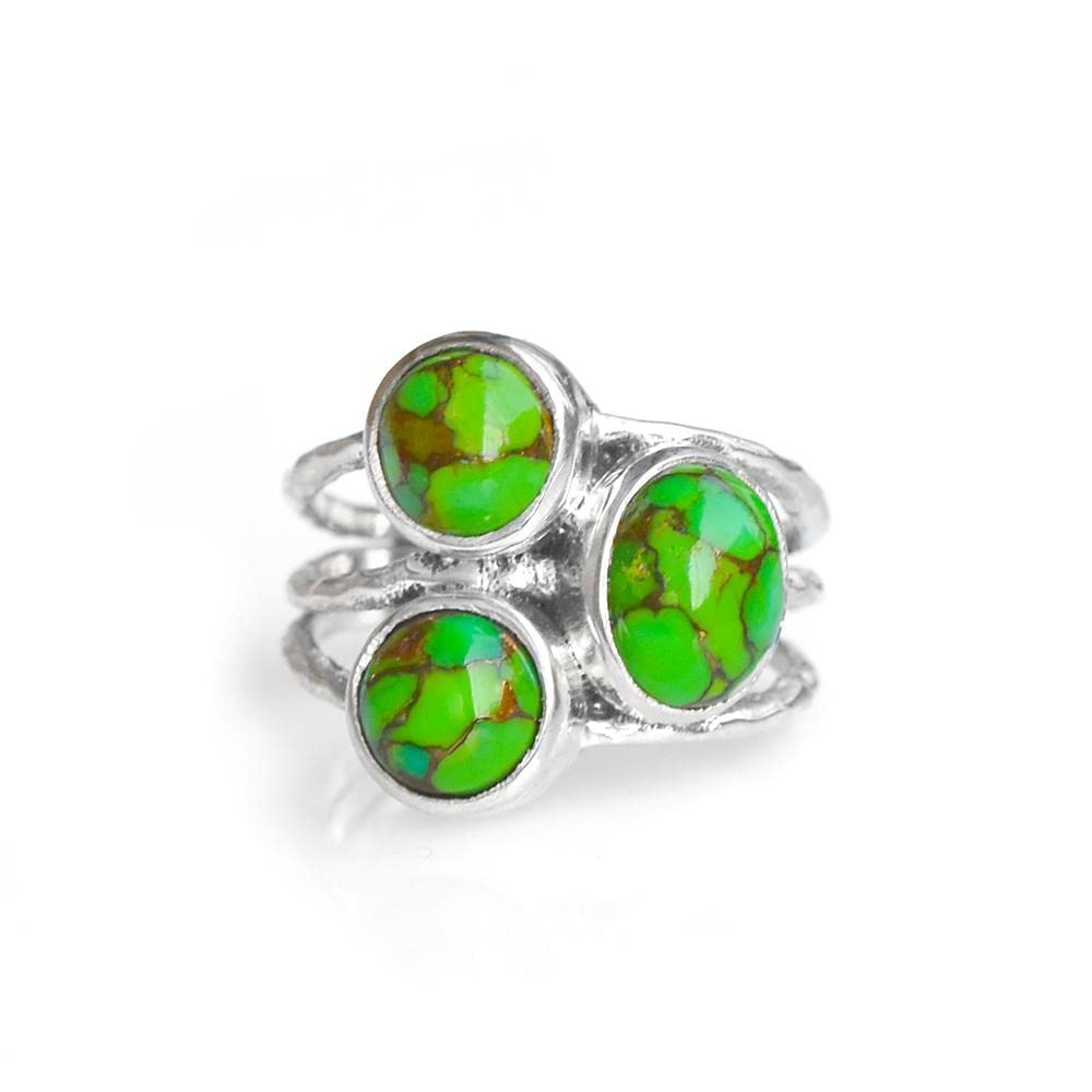 YoTreasure Green Turquoise .925 Sterling Silver Three Stone Chunky Ring