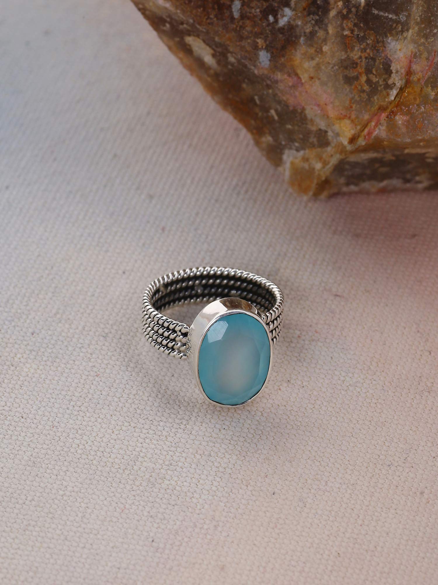 YoTreasure Aqua Chalcedony 925 Sterling Silver Braided Ring Jewelry