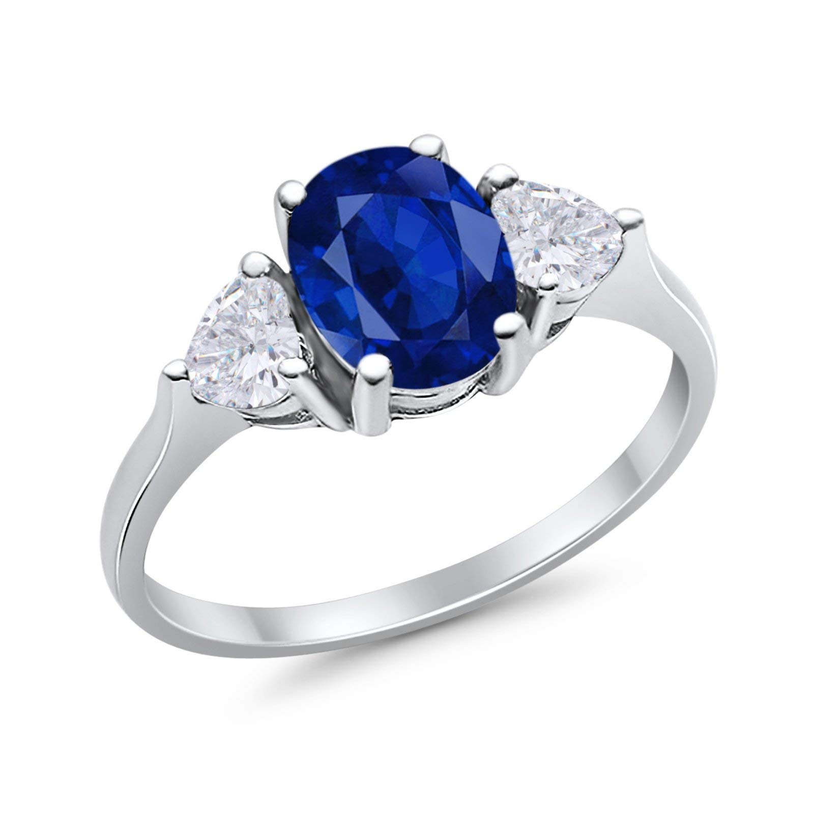 Simulated Blue Sapphire Cubic Zirconia Size-9 Fashion Promise Ring 3-Stone Oval & Heart Simulated CZ 925 Sterling Silver