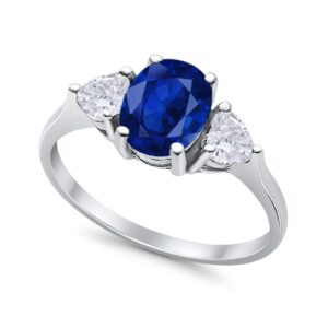 Simulated Blue Sapphire Cubic Zirconia Size-9 Fashion Promise Ring 3-Stone Oval & Heart Simulated CZ 925 Sterling Silver