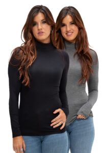 devops womens 2-pack long sleeve mock turtleneck stretch fitted shirts (black/heather gray, medium)