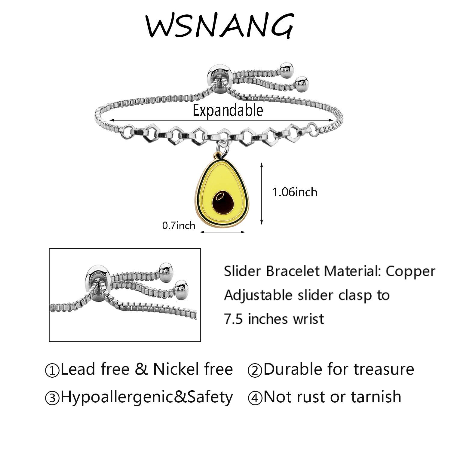 WSNANG Funny Avocado Slider Bracelet Avocado Jewelry Vegetarian Jewelry Gift for Avocado Lover (Silver Slider Bracelet)