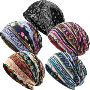 5 pieces women's slouchy beanie hat stretch turban hats cancer headwear caps baggy skull sleep scarf (striped style) multicoloured