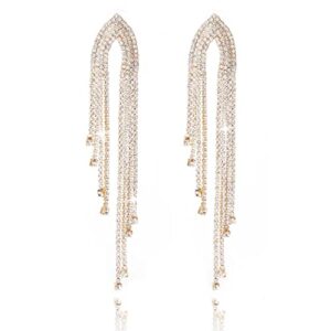 yokawe zinc tassel dangle drop earrings gold sparkly rhinestone earrings boho statement long chain crystal chandelier earring wedding hook ear jewelry for women and teen girl