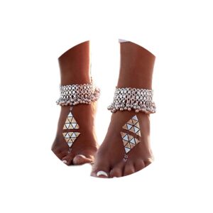 yokawe boho anklets bracelets silver bell beaded indian anklet chain tassel beach barefoot sandals foot jewelry for women and teen girls（2pcs）