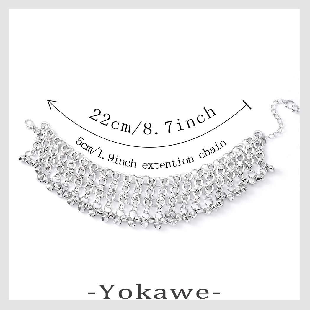 Yokawe Boho Anklets Bracelets Silver Bell Beaded Indian Anklet Chain Tassel Beach Barefoot Sandals Foot Jewelry for Women and Teen Girls（2Pcs）