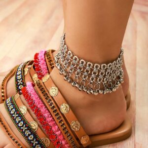 Yokawe Boho Anklets Bracelets Silver Bell Beaded Indian Anklet Chain Tassel Beach Barefoot Sandals Foot Jewelry for Women and Teen Girls（2Pcs）