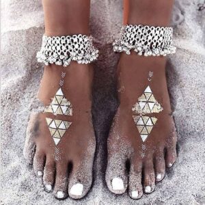 Yokawe Boho Anklets Bracelets Silver Bell Beaded Indian Anklet Chain Tassel Beach Barefoot Sandals Foot Jewelry for Women and Teen Girls（2Pcs）