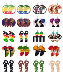 bomail 20pairs african wooden earrings for women round wood painted earring drop earring ethnic style (d20p)