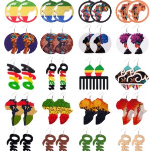 BOMAIL 20Pairs African Wooden Earrings for Women Round Wood Painted Earring Drop Earring Ethnic Style (D20P)