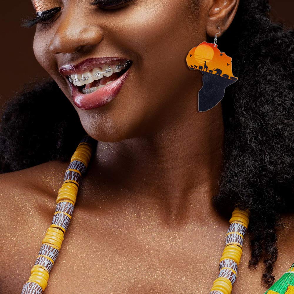 BOMAIL 20Pairs African Wooden Earrings for Women Round Wood Painted Earring Drop Earring Ethnic Style (D20P)