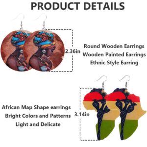 BOMAIL 20Pairs African Wooden Earrings for Women Round Wood Painted Earring Drop Earring Ethnic Style (D20P)