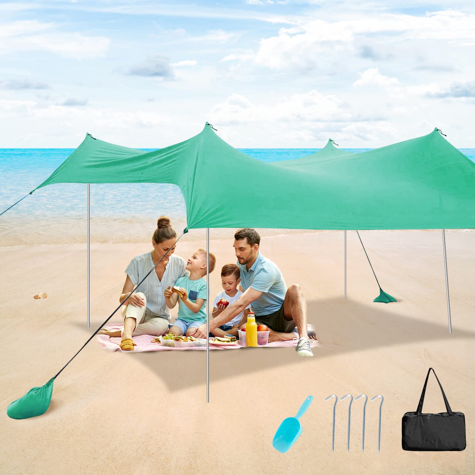 Tangkula 10 x 9 ft Family Beach Sunshade, UPF50+ Sun Shade Tent Canopy with Aluminum Poles, 4 Sandbag Anchor and 4 Peg Stake, Portable Beach Canopy Up to 7 People, Lightweight but Heavy Duty