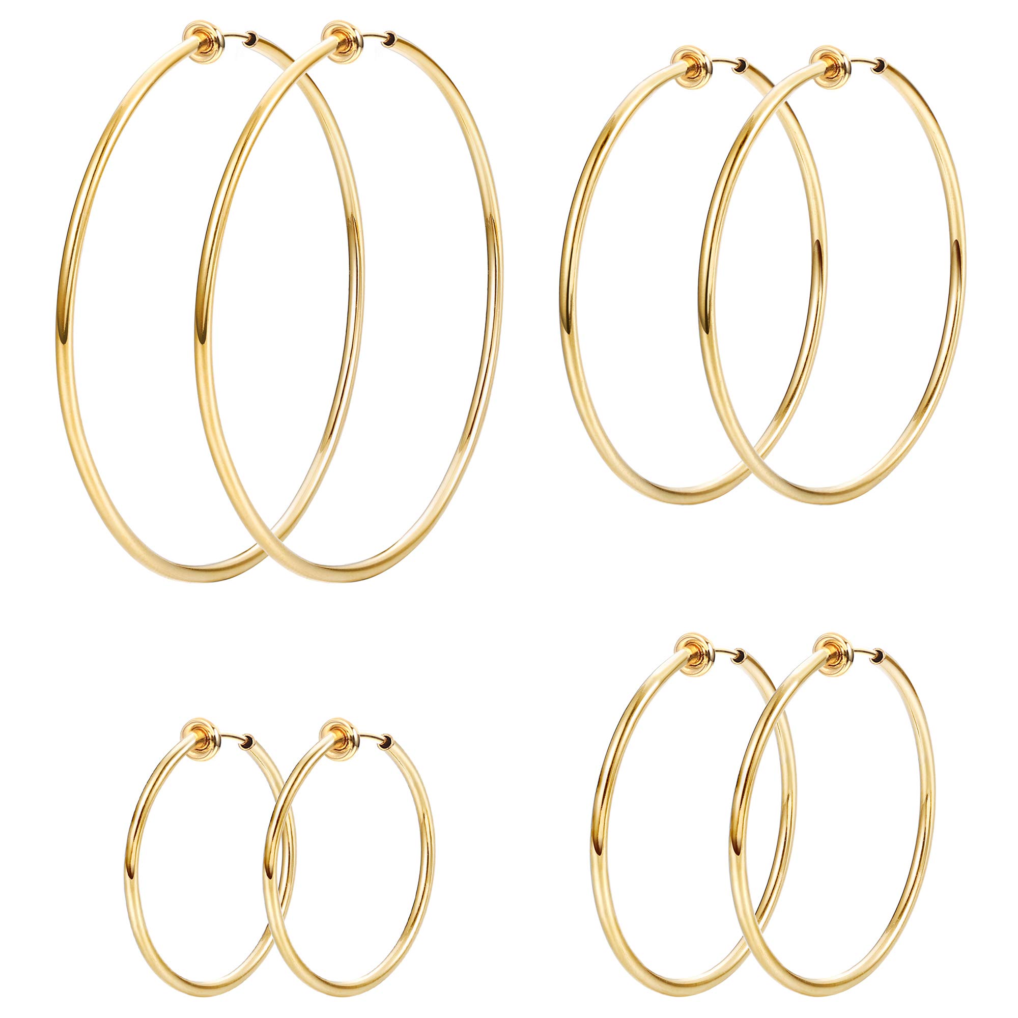 LOYALLOOK 4 Pairs Stainless Steel Clip On Hoop Earrings for Women Fake Hoop Earrings Spring Hoop Earrings For Non-Pierced Ears