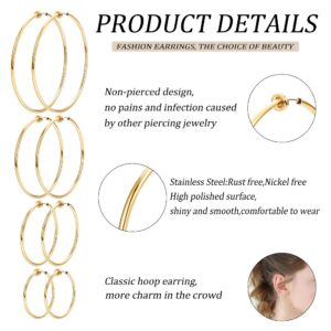 LOYALLOOK 4 Pairs Stainless Steel Clip On Hoop Earrings for Women Fake Hoop Earrings Spring Hoop Earrings For Non-Pierced Ears