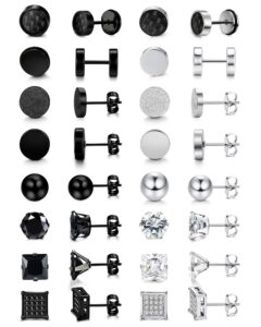 loyallook stainless steel black stud earrings silver cubic ziconia stud earrings sets tunnel earring ball studs for women men 16 pairs 6mm