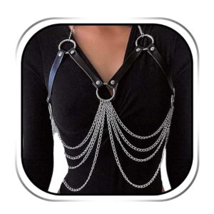 reetan punk layered chest chains silver leather body chains ring rave party nightclub body jewelry accessories for women