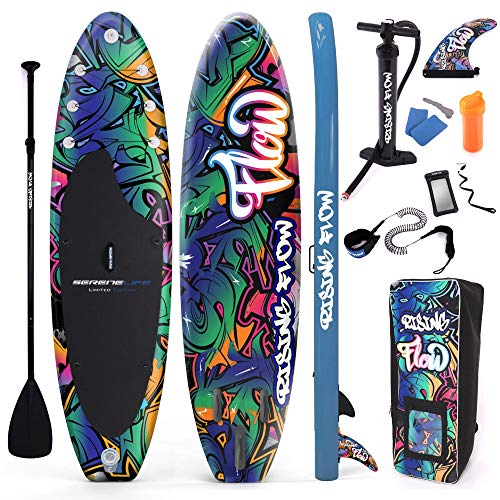 SereneLife Stand up Paddle Board Inflatable - Non-Slip SUP Paddle Board Paddle, Pump, Leash, and Accessories - Fun Water inflatable paddle board for Adults and Youth with Wide Stable Design