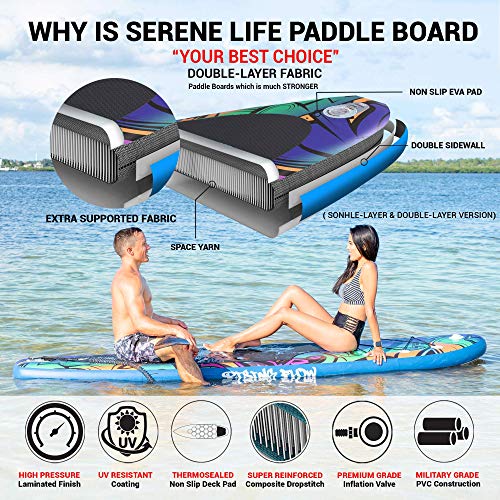 SereneLife Stand up Paddle Board Inflatable - Non-Slip SUP Paddle Board Paddle, Pump, Leash, and Accessories - Fun Water inflatable paddle board for Adults and Youth with Wide Stable Design