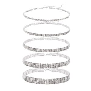 5 pieces silver rhinestone choker necklaces for women dainty diamond choker crystal choker necklaces set bridesmaid jewelry