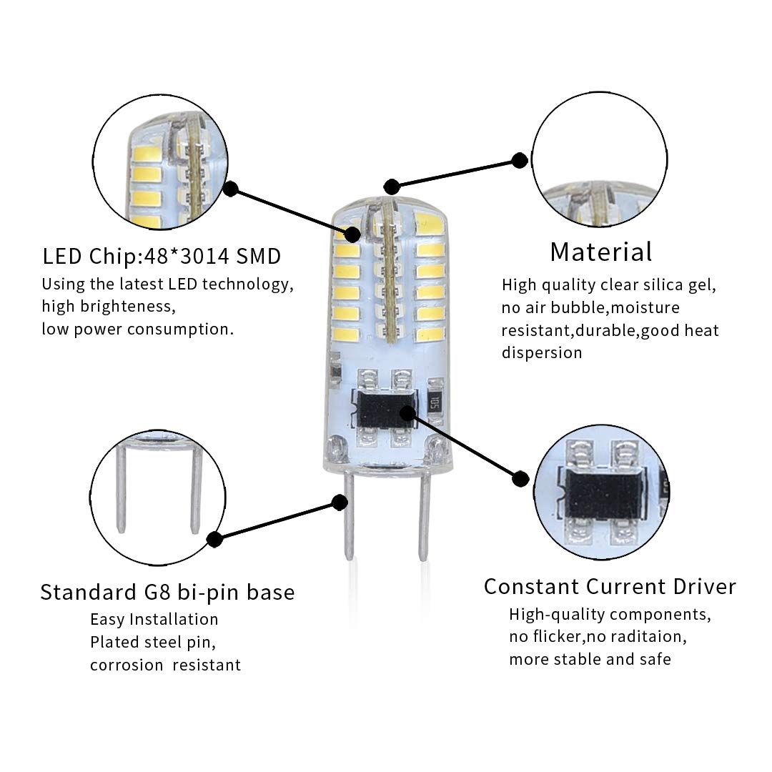 Nobranded G8 LED Bulb,WTINTELL G8 Bi-Pin Equivacent to 20W-25W T4 G8 Halogen Bulb,Dimable,Daylight White 5000K AC110V/120V/130V(10Pack).