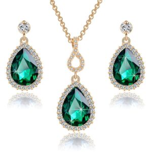 evevic austrian crystals teardrop pendant necklace earrings for women 14k gold plated hypoallergenic jewelry set (green)