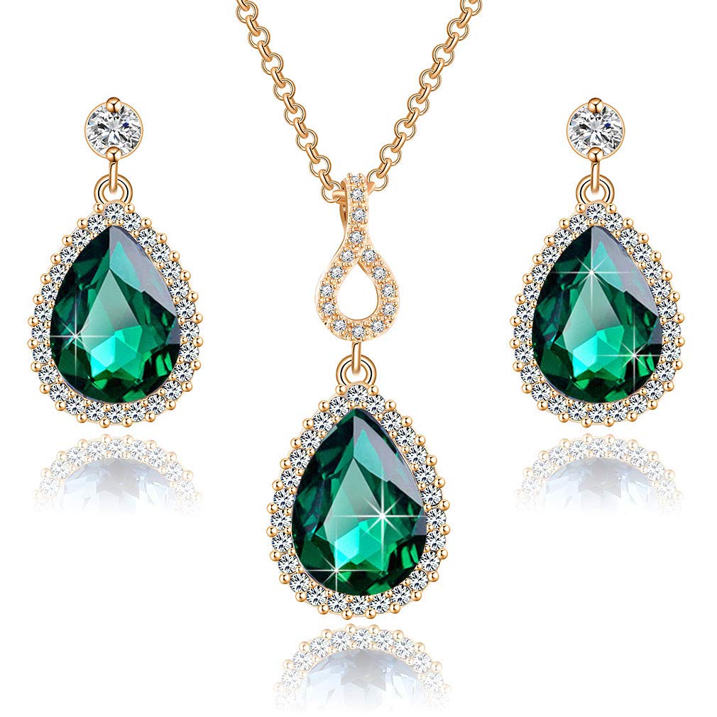 EVEVIC Austrian Crystals Teardrop Pendant Necklace Earrings for Women 14K Gold Plated Hypoallergenic Jewelry Set (Green)