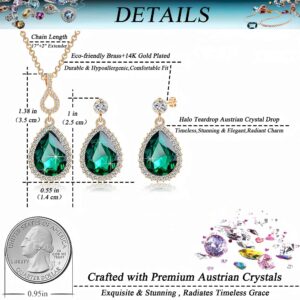 EVEVIC Austrian Crystals Teardrop Pendant Necklace Earrings for Women 14K Gold Plated Hypoallergenic Jewelry Set (Green)