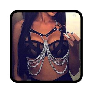 twinklede punk leather body chain bra silver layered chest chains festival rave harness chain body chain jewelry for women and girls