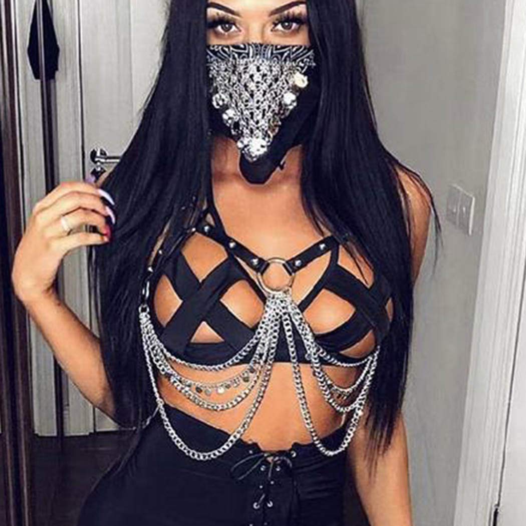 TWINKLEDE Punk Leather Body Chain Bra Silver Layered Chest Chains Festival Rave Harness Chain Body Chain Jewelry for Women and Girls