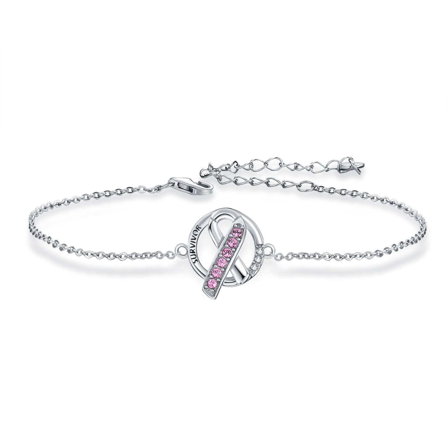 AOBOCO Breast Cancer Gifts for Women, Sterling Silver Cancer Awareness Bracelet, Pink Ribbon Jewelry with Austrian Crystal