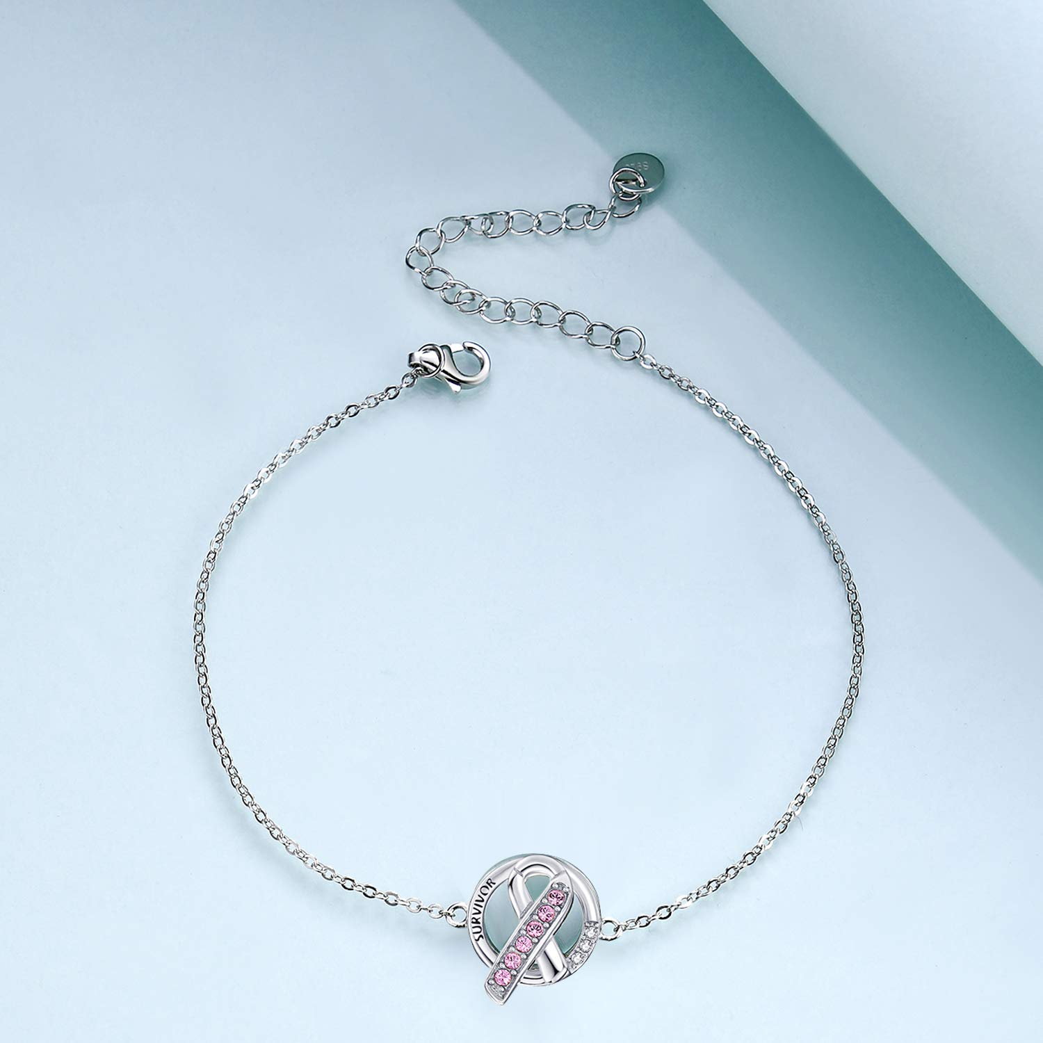 AOBOCO Breast Cancer Gifts for Women, Sterling Silver Cancer Awareness Bracelet, Pink Ribbon Jewelry with Austrian Crystal