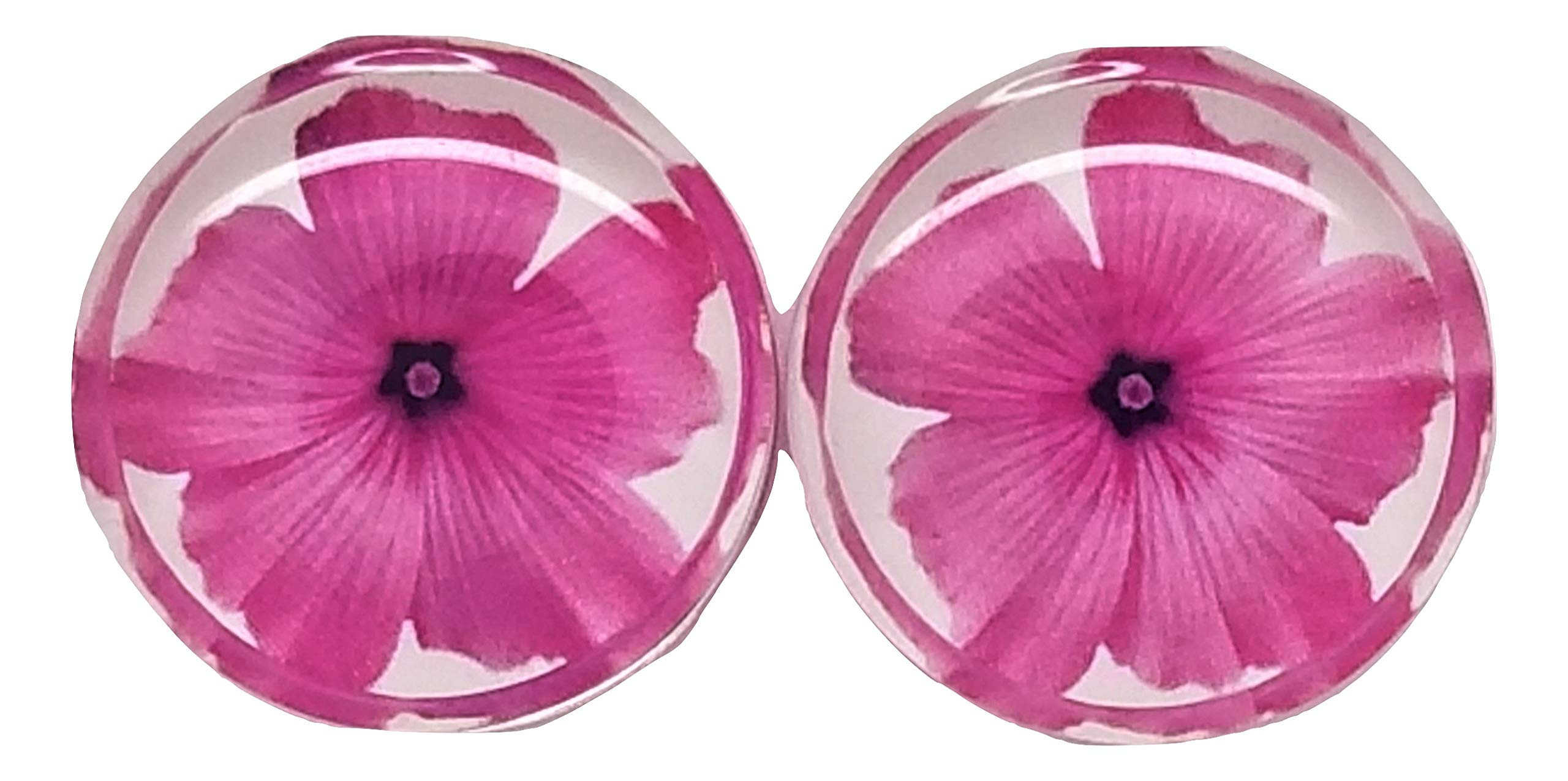 Pink Hibiscus Flower - Clear Acrylic Ear Plugs - Clear Double Flared Gauges - 6 Sizes - Pair - New! (2 Gauge (6mm))