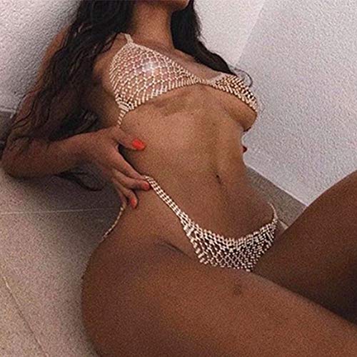 Women Sexy Rhinestone Bra Panties Sets Statement Crystal Bikini Underwear Thong Body Chain Jewelry Top Bra Brief Sequin Crop Top for Nightclub Party(Bra and Thong Set)