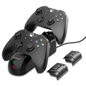 dual controller charger for xbox one, docking charger station kit compatible with xbox one/one x/one s elite controller, with 2 x 1200mah rechargeable battery packs, two slots and high speed charging