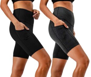 devops women's 2-pack high waist workout yoga running exercise shorts with side pockets (large, black/heather charcoal)