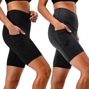 DEVOPS Women's 2-Pack High Waist Workout Yoga Running Exercise Shorts with Side Pockets (Large, Black/Heather Charcoal)