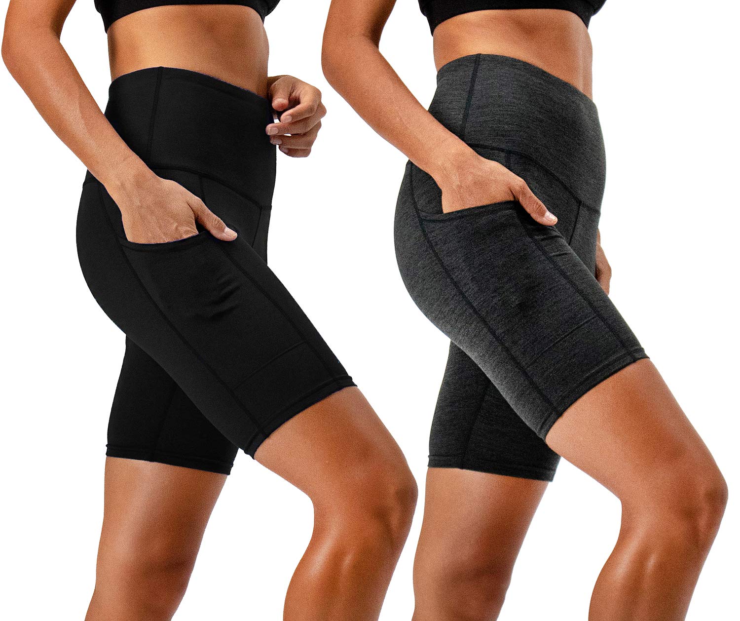 DEVOPS Women's 2-Pack High Waist Workout Yoga Running Exercise Shorts with Side Pockets (Large, Black/Heather Charcoal)